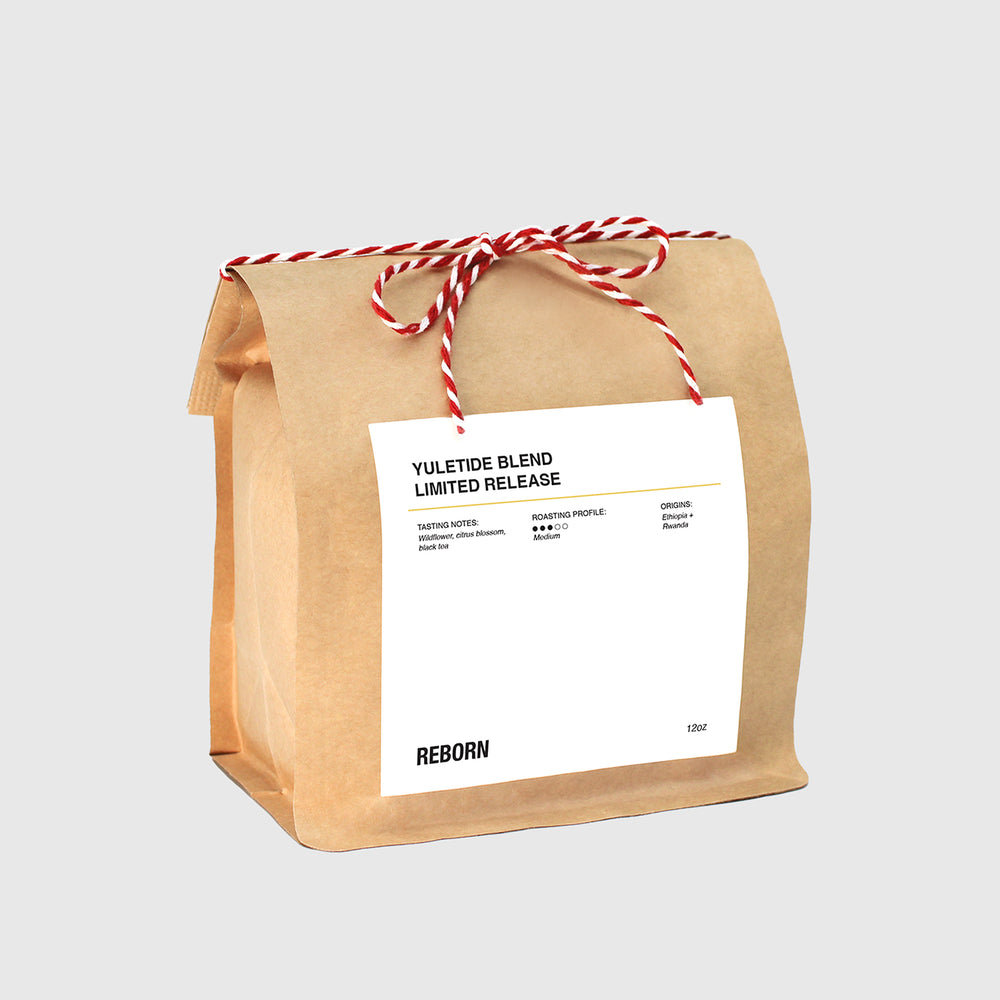Yuletide Blend in 12 oz bag, bean information is on bag.